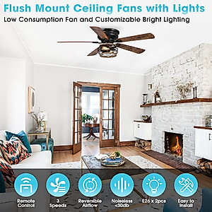 Parrot Uncle Low Profile Ceiling Fans with Lights and Remote, 48 Inch Black Ceiling Fan with Light Flush Mount Farmhouse Rustic Hugger Fan for Bedroom, Reverse Airflow, Timer, FREE Replacement