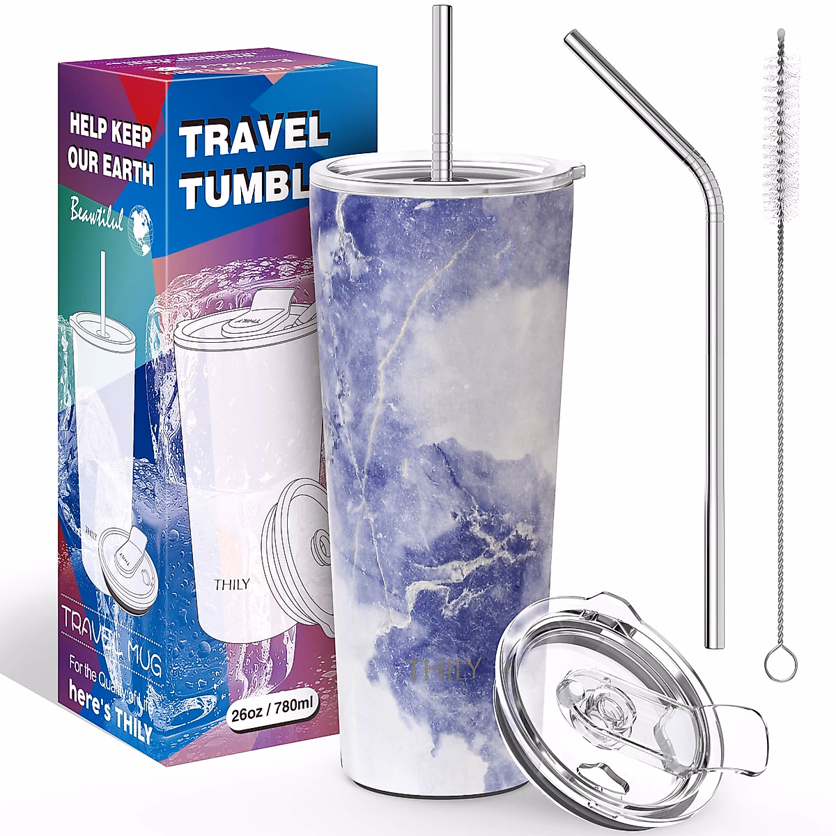 THILY Stainless Steel Vacuum Insulated Tumbler Travel Mug 26 oz Coffee Cup with 2 Lids and Straws, Splash Proof, Keep Ice Drinks Cold, Blue Marble
