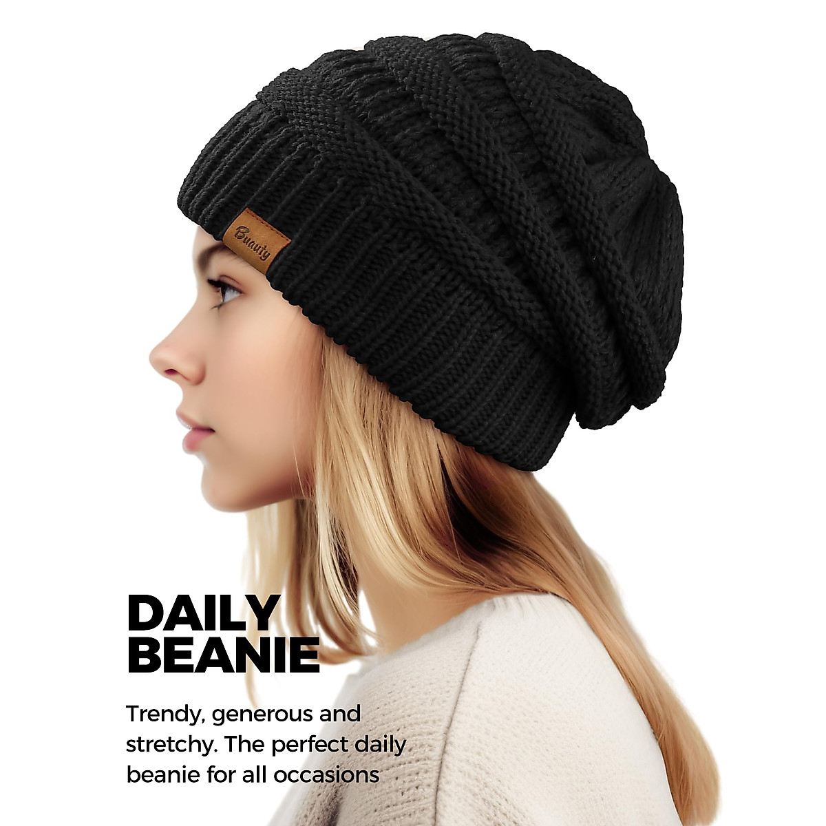 Black Slouchy Beanies for Women Cable Knit Winter Hats Ladies Gifts Oversized Chunky Skull Cap Thick Warm Stocking Caps for Cold Weather Cute Fashionable Spring Fall Beanies Hat Snow Caps Christmas