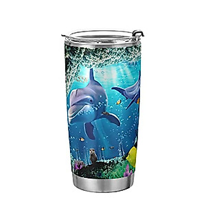 ALAZA 3D Dolphin Ocean Insulated Travel Tumbler Mug with Lid & Straw Double Wall Vacuum Water Bottle Car Cup Stainless Steel, Hot and Cold Thermos, 20oz