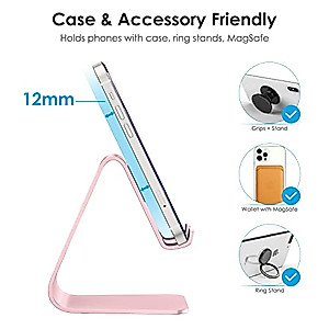 OMOTON Upgraded Aluminum Cell Phone Stand, C1 Durable Phone Holder Dock with Protective Pads, Desk Decor for iPhone 14/13/12/11 Pro Max XR XS, iPad Mini, Android Phones Office Accessories, Rose Gold