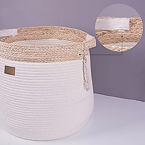 Rope Basket Woven Storage Basket with Handles - Laundry Basket Large 17.3x 15 x 14.1 Inches Cotton Blanket Organizer, Baby Nursery Containers White Home Decor Gift