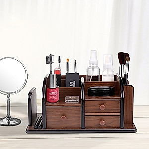 Flexzion Wooden Desk Organizer w/Drawers - Classic Wood Office Supplies Accessories Desktop Tabletop Sorter Shelf Rack Cherry Brown Pencil Holder Caddy Set with 3 Drawers, 3 Compartments & 2 Shelves