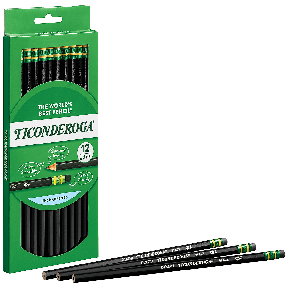 Ticonderoga Wood-Cased Pencils, Unsharpened, 2 HB Soft, Black, 12 Count