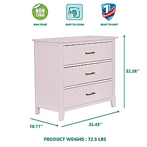 Dream on Me Universal 3 Drawers Chest | Kids Bedroom Dresser | Three Drawers Dresser Mid Century Modern, Blush Pink