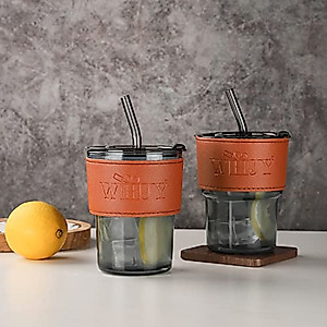 WHJY 13oz Glass Tumbler with Straw and Lid, Glass Water Bottle with Sleeve To Go Coffee Mug Cups with Lids Reusable - Grey