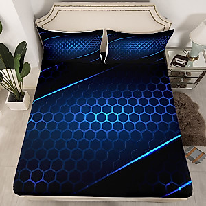 Honeycomb Bed Sheets Hexagonal Print Bedding Sheet Geometrical Beehive Blue Bedding Set for Boys Girls Children Teens Bedroom Decor Geometric Simplistic Bed Sheet Set Twin Size with 1 Pillow Case