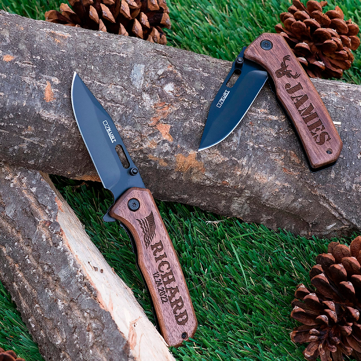 Personalized Pocket Knife - Engraved Pocket Knife with Walnut Wood Handle - 36 Icons, 13 Stylish Font, Custom Gifts for Men