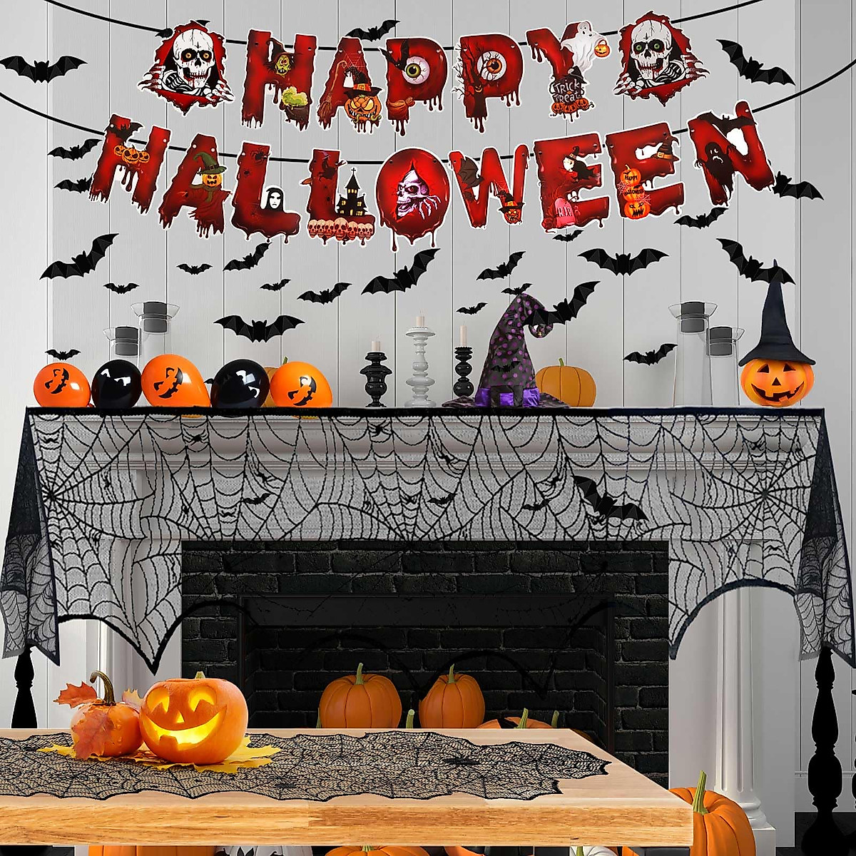 Halloween Decorations Indoor Set, 52pcs Halloween Party Decorations, Halloween 3D Bats & Spiderweb Table Runner & Cobweb Fireplace Mantel Scarf & Spooky Happy Halloween Banner for Home Indoor Decor