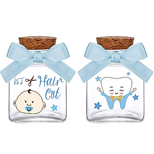 Eaasty 2 Pieces Baby Keepsake Box Glass Baby Tooth Box Baby Memory Box First Curl Baby Teeth Keepsake Box First Haircut Keepsake Holder for Boys and Girls (Blue, Boy Style)