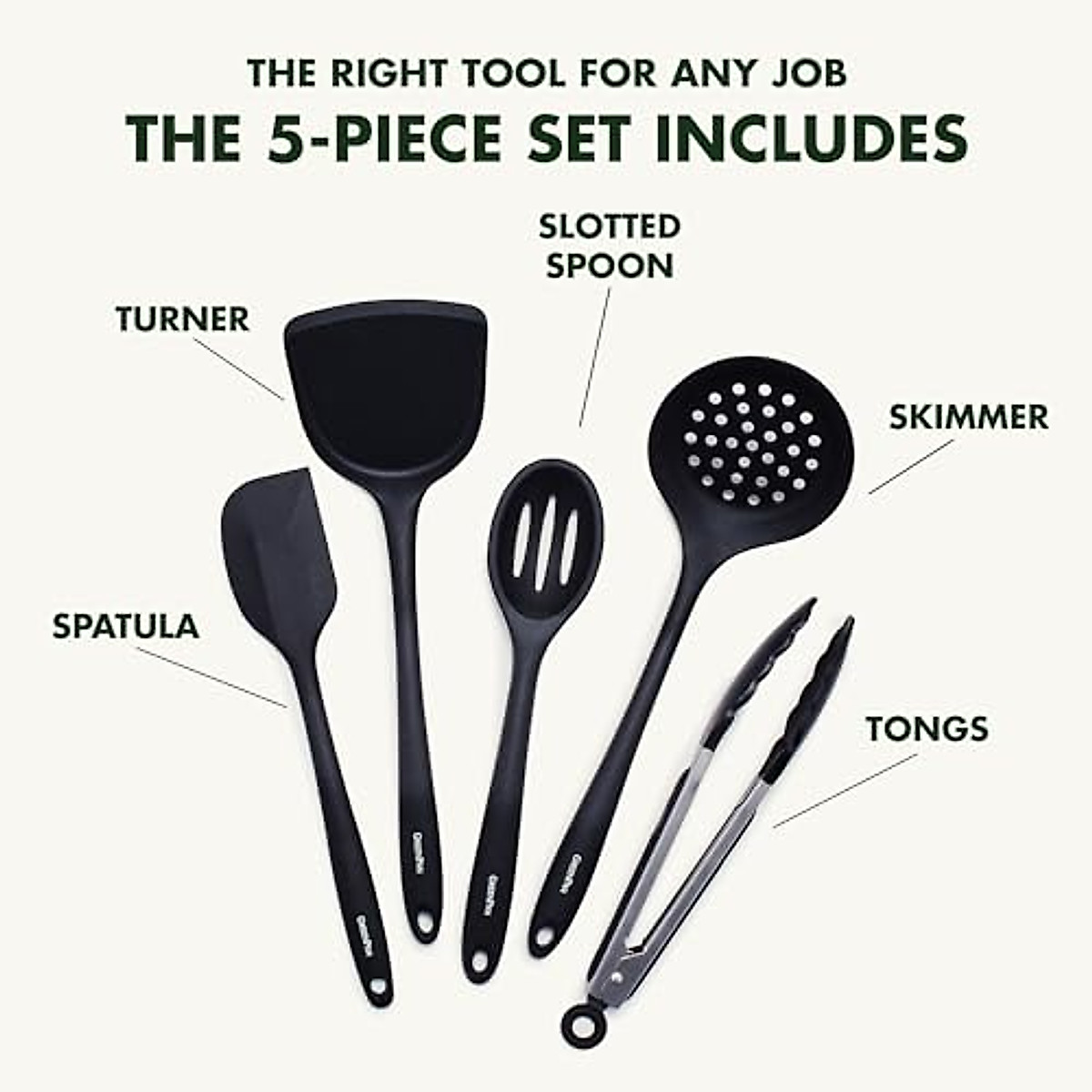 GreenPan 5 Piece Cooking Utensil Set, Flexible Nonstick Silicone, Stain-Free, Tongs, Turner, Spatula, Skimmer, and Slotted Spoon, Black