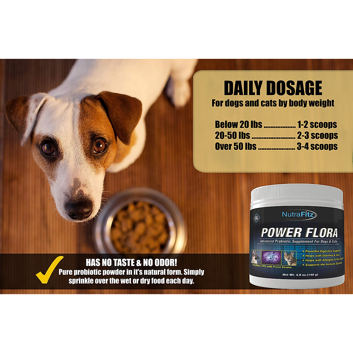 Power Flora - Probiotics for Dogs and Cats with 9 Live Strains - Dog Probiotics Improves Dog Breath, UTI, Diarrhea, Constipation, Skin Allergy, Hot Spots - Odorless Powder - 350 Billion CFU/jar