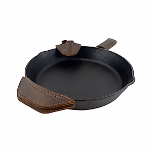 Hide & Drink, Rustic Leather Hot Handle Holders (Set of 3) Panhandle, Side Kick, Assist Grip for Cast Iron Skillets & Pans, Double Layered, Handmade Includes 101 Year Warranty :: Bourbon Brown