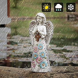 Voveexy Angel Garden Figurine Outdoor Garden Statue, Solar Garden Sculpture with 7 LEDs Welcome Sign Resin Praying Angel Art Garden Decor for Patio Lawn Yard Porch Decoration, Housewarming Garden Gift