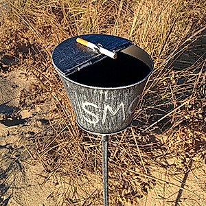 Outdoor Smoke Ashtray, Lidded Bucket on Stake with Prong Post, Garden Party Style, Gray Lacquered Iron, Rustic and Weathered Patina, 6 D x 43 1/4 H Inches