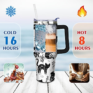30 oz Cat Tumbler with Handle and Straw, Boho Kitty Stainless Steel Vacuum Insulated Travel Coffee Mug Cup Water Bottle, Cats Stuff Accessories Decor Gifts for Women Girls