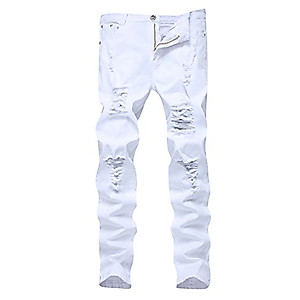 FREDD MARSHALL Men's White Skinny Slim Fit Ripped Distressed Destroyed Stretch Jeans Pants,White,42