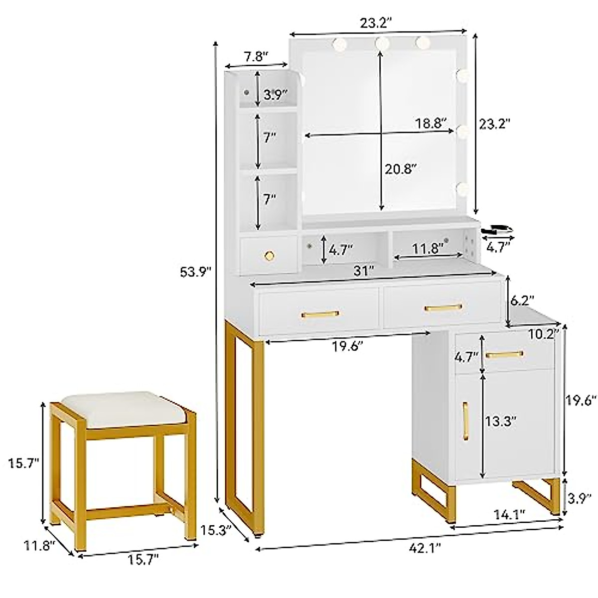 DWVO 41.2inch Makeup Vanity with Mirror and Lights, Vanity with Lights and Drawers, Vanity Mirror with Lights and Table Set, 3 Color Adjustable Lighting Brightness & Power Outlet, White
