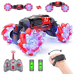 Powerextra LED Remote Control Car, 4WD 2.4GHz Gesture Sensing Rc Stunt Car, Double Sided 360°Rotating Transform Off Road Car with Light, Toy Cars for 6-12 Year Old Boys & Girls - Red