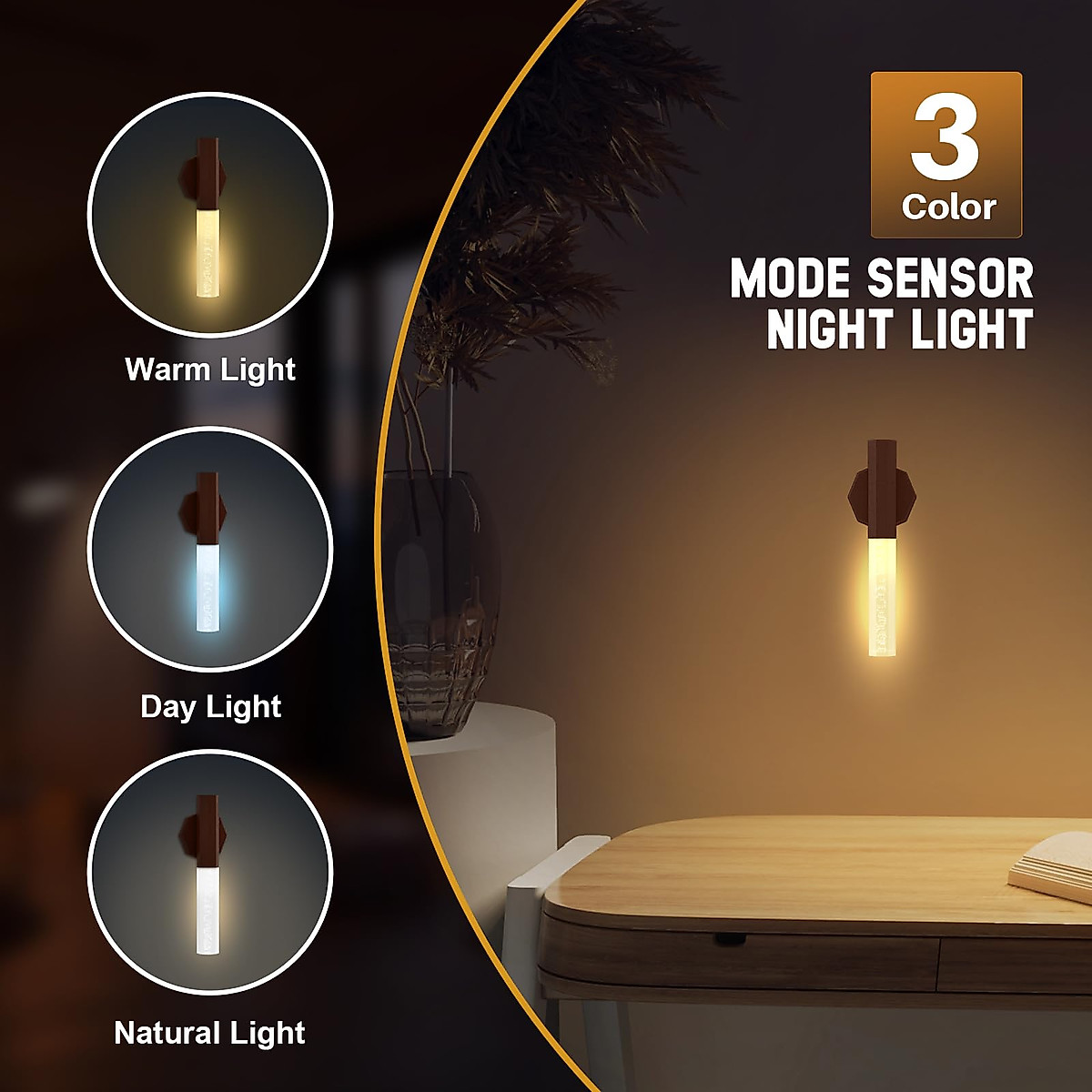 Ni-SHEN Motion Sensor Night Light Indoor with 3 Color Mode, Rechargeable Powerful Magnetic Body Wall Light Led Hallway Light, Battery-Operated Wooden Wall Sconce for Hallway, Stairway (Bubble)