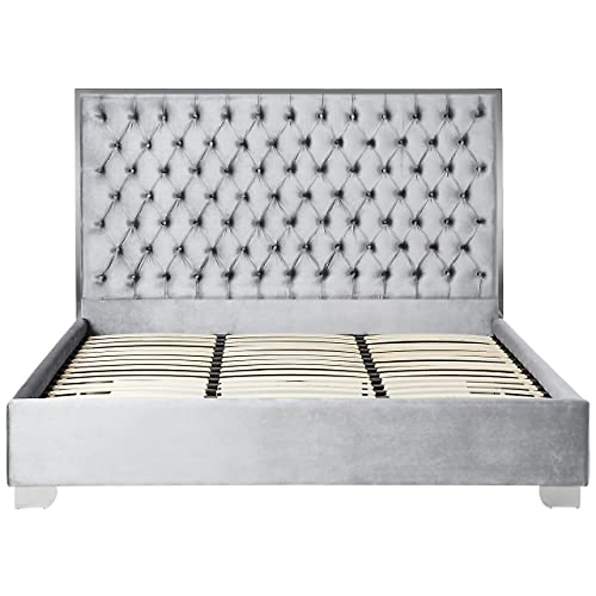 Meridian Furniture Lexi Collection Modern | Contemporary Velvet Upholstered Bed with Deep Tufting, Polished Chrome Stainless Steel Frame and Legs, King, Grey