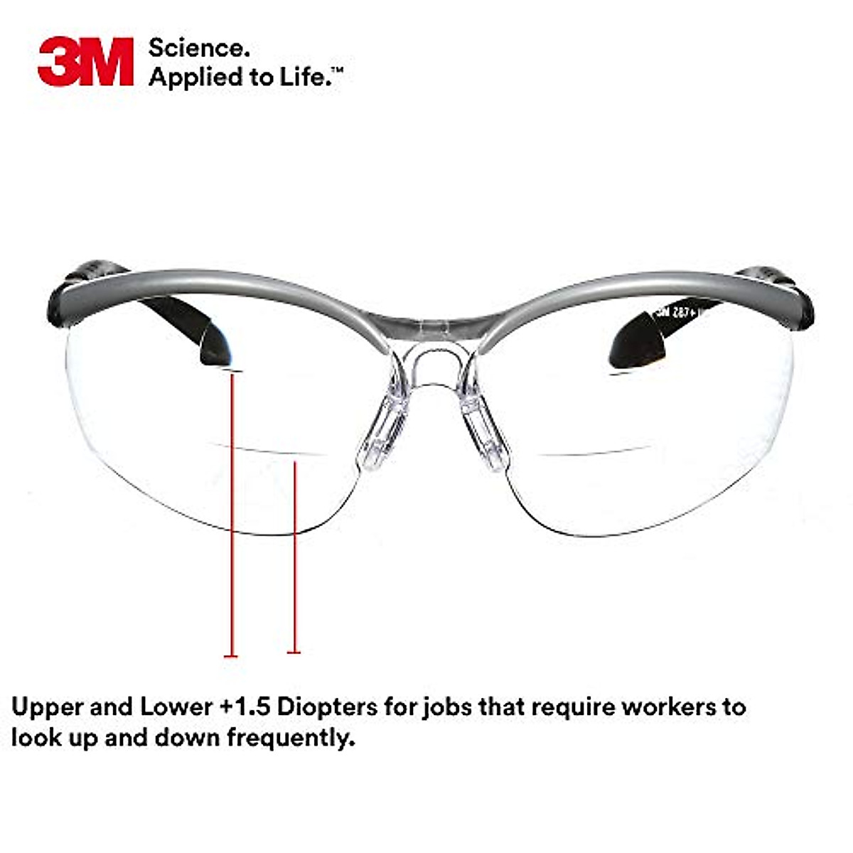 3M Safety Glasses, BX Dual Readers, +1.5, ANSI Z87, Anti-Fog Clear Lens, Gray/Black Frame, Adjustable Length Temples and Lens Angle