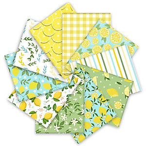 Whaline 10Pcs Summer Cotton Fabric Bundles 18 x 22 Inch Watercolor Lemon Fat Quarters Yellow Green Lemon Quilting Patchwork Squares Sewing Fabrics for DIY Handmade Crafting Home Party Decor