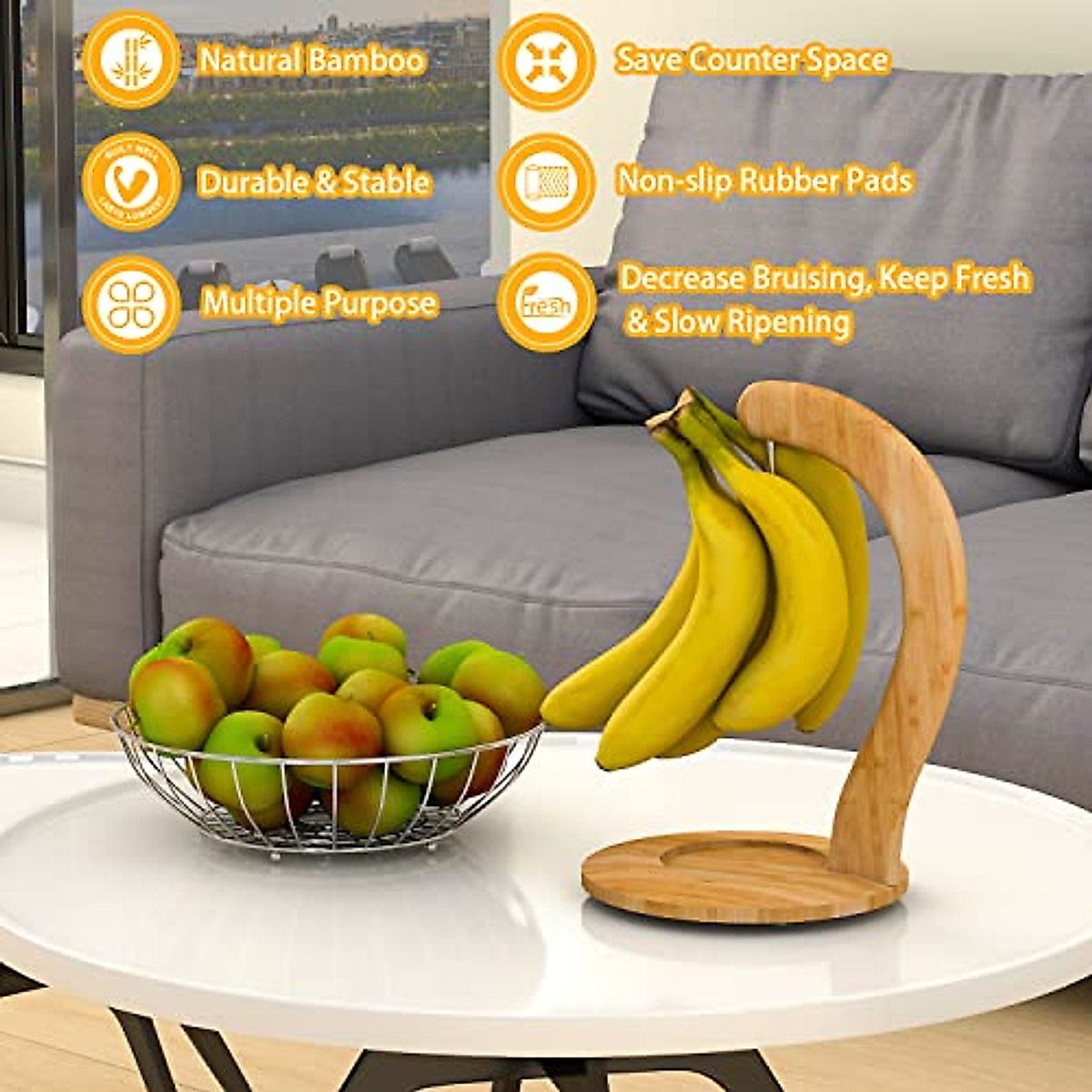 Banana Hanger Bamboo Holder Stand - Sturdy Display with Hook for Home or Bar, Countertop Fruit Storage,Natural Color