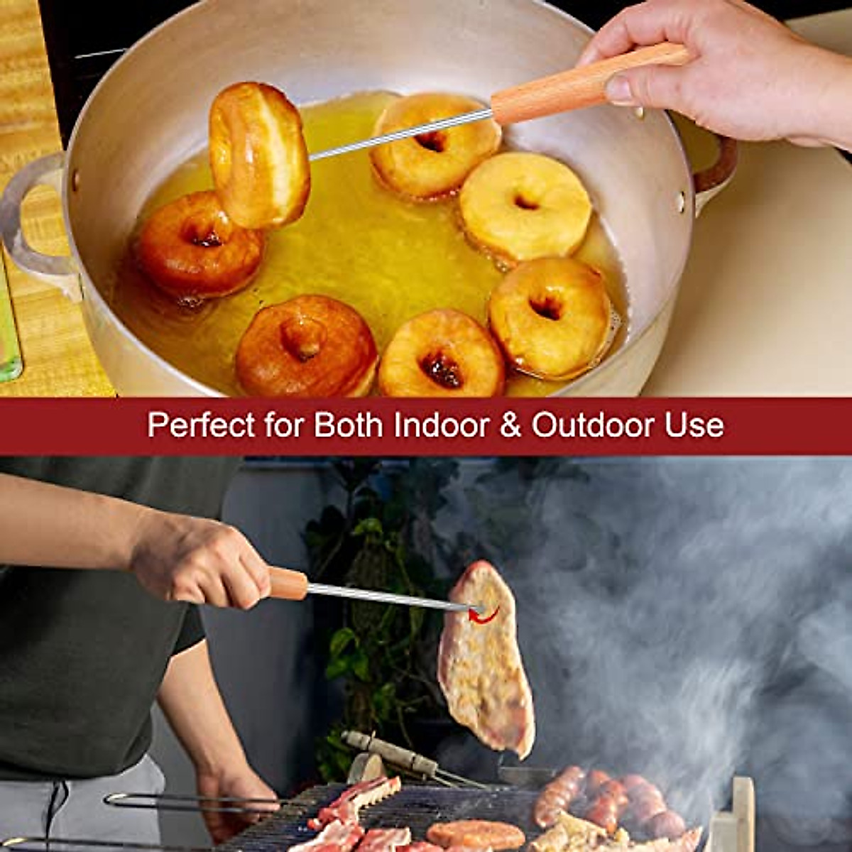 Leonyo 2 Pack Pigtail Food Flipper, 12 Inch Meat Hook Flippers Turners with Stainless Steel Shafts, Substitutes of Grill Tongs, Spatulas, Forks for Kitchen Cooking BBQ, Wooden Handles, Right Handed