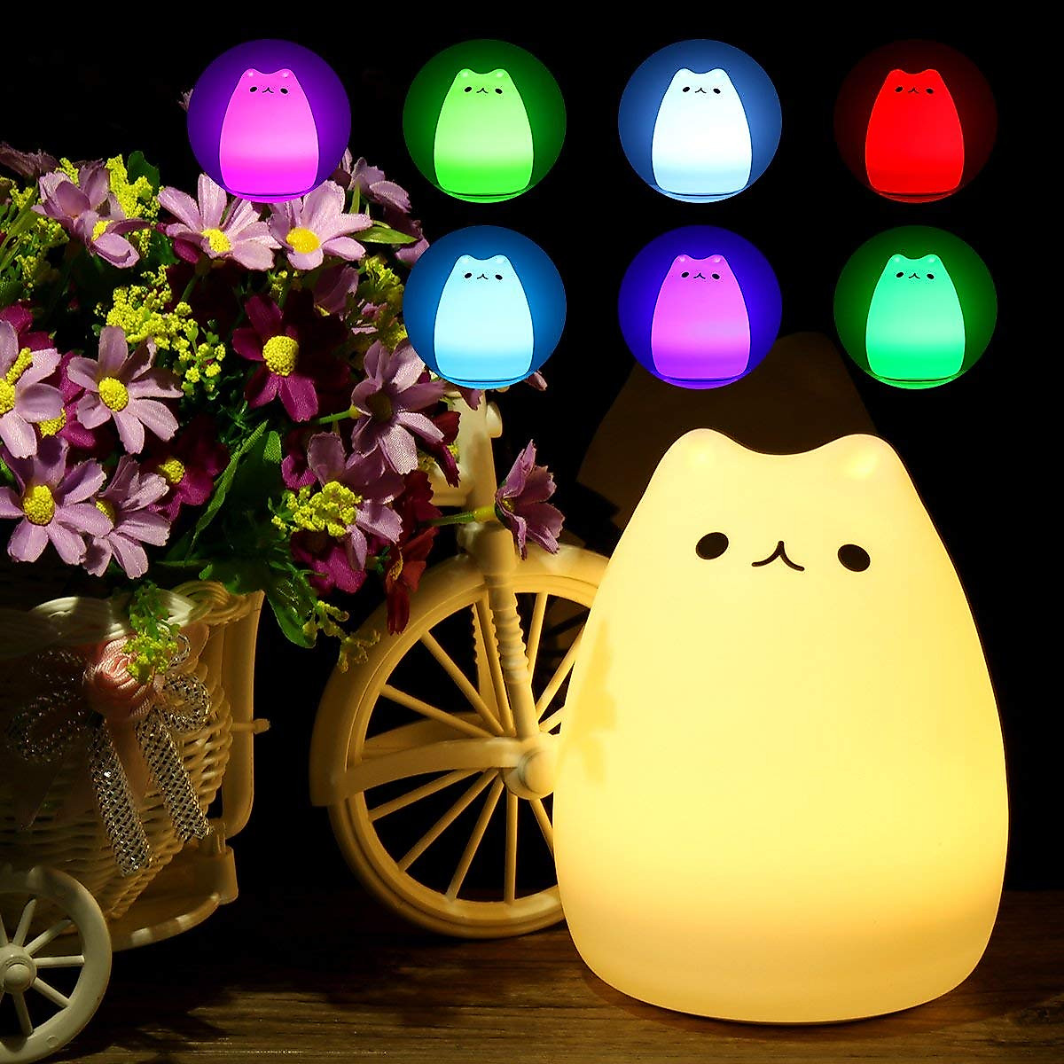 Dastling UMIRNI Cute Cat Night Light, Rechargeable Silicone LED Baby Nursery Nightlight, Color Changing Animal Lamp, Tap Sensor Control