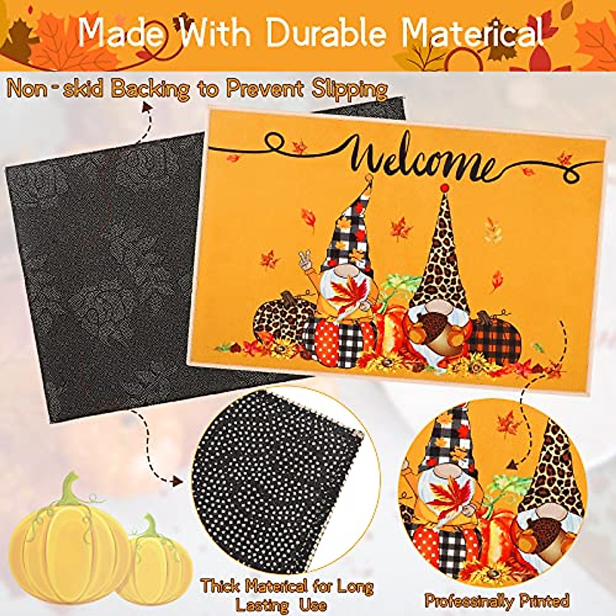 Nuanchu Thanksgiving Welcome Doormat Gnome Fall Rug Leaf Pumpkin Entrance Rug Fall Nonslip Washable Sunflower Pumpkin Floor Mat 24 x 16 Inch for Indoor Outdoor Kitchen Bathroom Decor