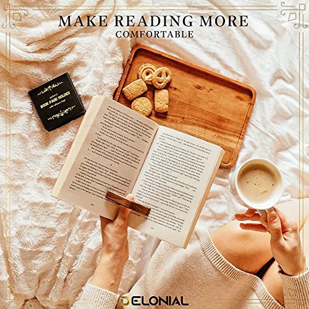 DELONIAL Book Page Holder with 5 Adjustable Rings, Handmade Natural Walnut Thumb Bookmark for Keep Book Open