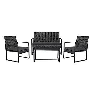 Flamaker 4 Piece Patio Furniture Outdoor Rattan Conversation Bistro Set with Cushion Porch Furniture Metal Patio Table and Chairs for Poolside, Backyard, Balcony (Black)