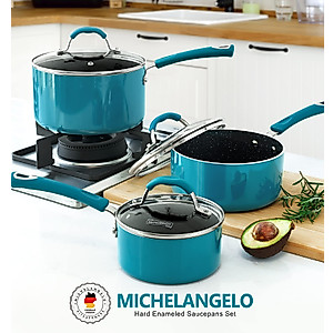 MICHELANGELO Sauce Pan Sets, Enamel Sauce Pan with Lid, 1Qt & 2Qt & 3Qt Saucepans with Lids, Nonstick Saucepan Set, Small Pot with Lid, Non Stick Sauce Pots with Silicone Handle, Oven Safe, Cyan