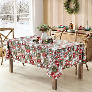 Newbridge Jolly Holiday Candy Cane Print Flannel Back Vinyl Christmas Tablecloth - Happy Holidays Grey, Red and Green Xmas Wipe Clean Easy Care Tablecloth, 60” x 120” Oblong/Rectangle
