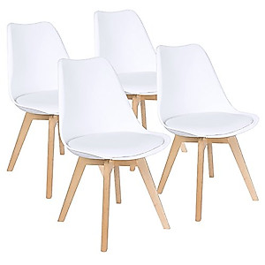 Furmax Mid Century Modern DSW Upholstered Side Beech Wood Legs and Soft Padded Shell Tulip Chair for Dining Living Room Bedroom Kitchen Set of 4 (White)
