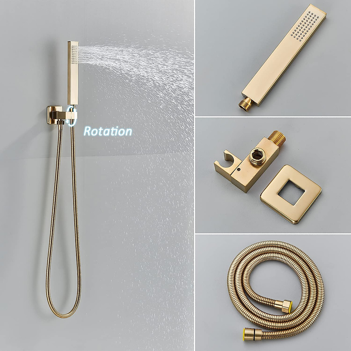 Saeuwtowy Brushed Gold Rain Shower System with 12 Inch LED Shower Head and Brass Handheld with Brass Valve and Trim Kit Shower Faucets Sets Complete