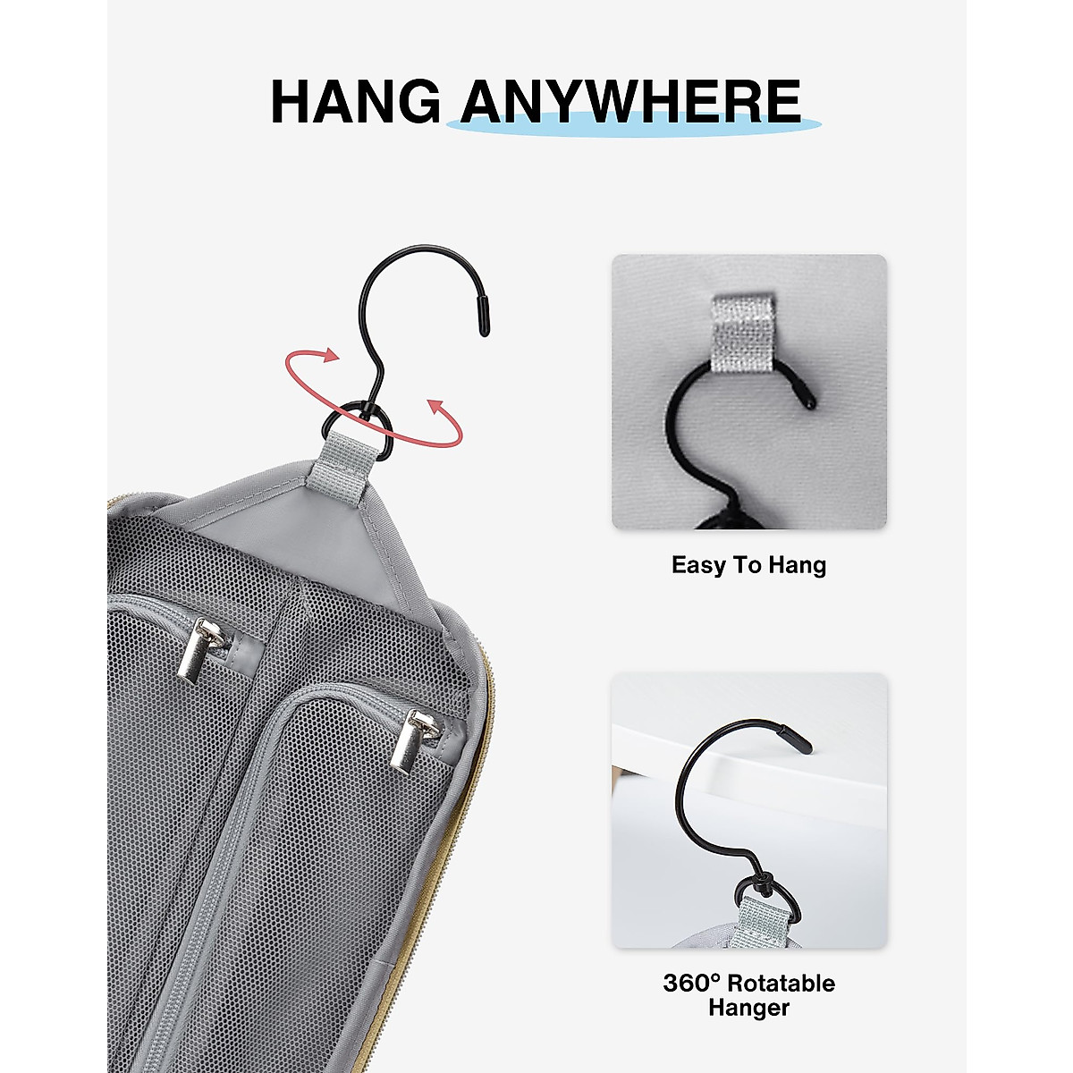 BAGSMART Travel Toiletry Bag, Toiletry Bag for Women and Men with Hanging Hook, Water-resistan Dopp Kit Door Room Essentials Makeup Cosmetic Bag, Shaving Bag Organizer for Traveling, Camping Khaki