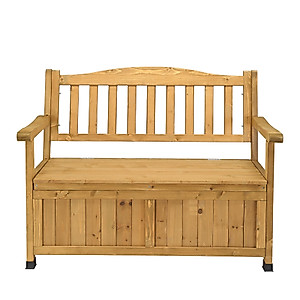 Cedar Wood Deck Box Bench, Storage Box with Backrest Armrest, All-Weather Yard Container Furniture for Tools, Toys, Outdoor Storage Bench Deck Box w/Seat for Backyard, Porch, Patio (Bright Yellow)