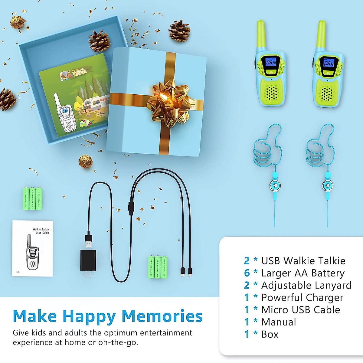 Topsung Walkie Talkies for Kids Adults Long Range Rechargeable 2 Pack, USB Walkie Talkies for Teen Girls Boys Age 3-12, NOAA 2 Way Radio Walkie Talkies for Family Camping Hiking Boating Fishing