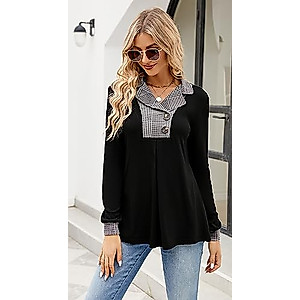 Newchoice Women Tunic Sweatshirt Work Summer Lapel Collar Long Sleeve Shirt Sweatshirts Pullover Blouse Tops(01Black White.XL)