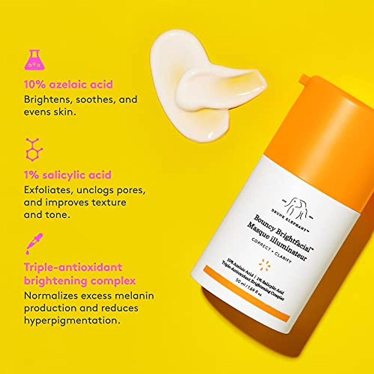 Drunk Elephant Bouncy Brightfacial Leave-On Face Mask with Azelaic Acid and Salicylic Acid to Correct and Clarify Skin (50mL / 1.69 Fl Oz)
