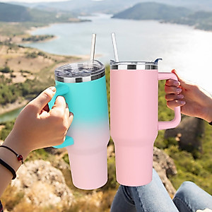 SYACOT 40 oz Tumbler with Handle and Straw Stainless Steel Insulated Tumbler Leak Proof Lid and Straw Lid Reusable Travel Mug Coffee Mug Cup Dishwasher Safe Keep Drinks Cold and Hot (Bubble Gum)