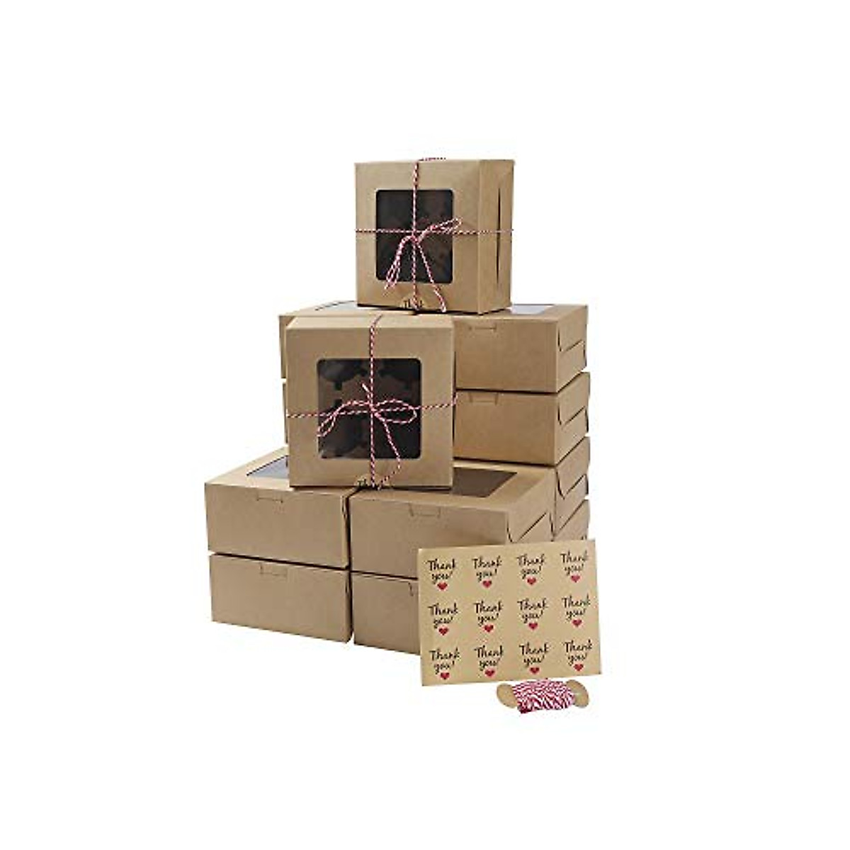 ST.LORIAN 15 Packs Bakery Cupcake Boxes with Window and Inserts 4 Holders,Twine and Stickers,6x6x3 Inch Food Grade Kraft Cookie Boxes for Muffins,Small Cakes,Cupcakes(15 Packs, Kraft)