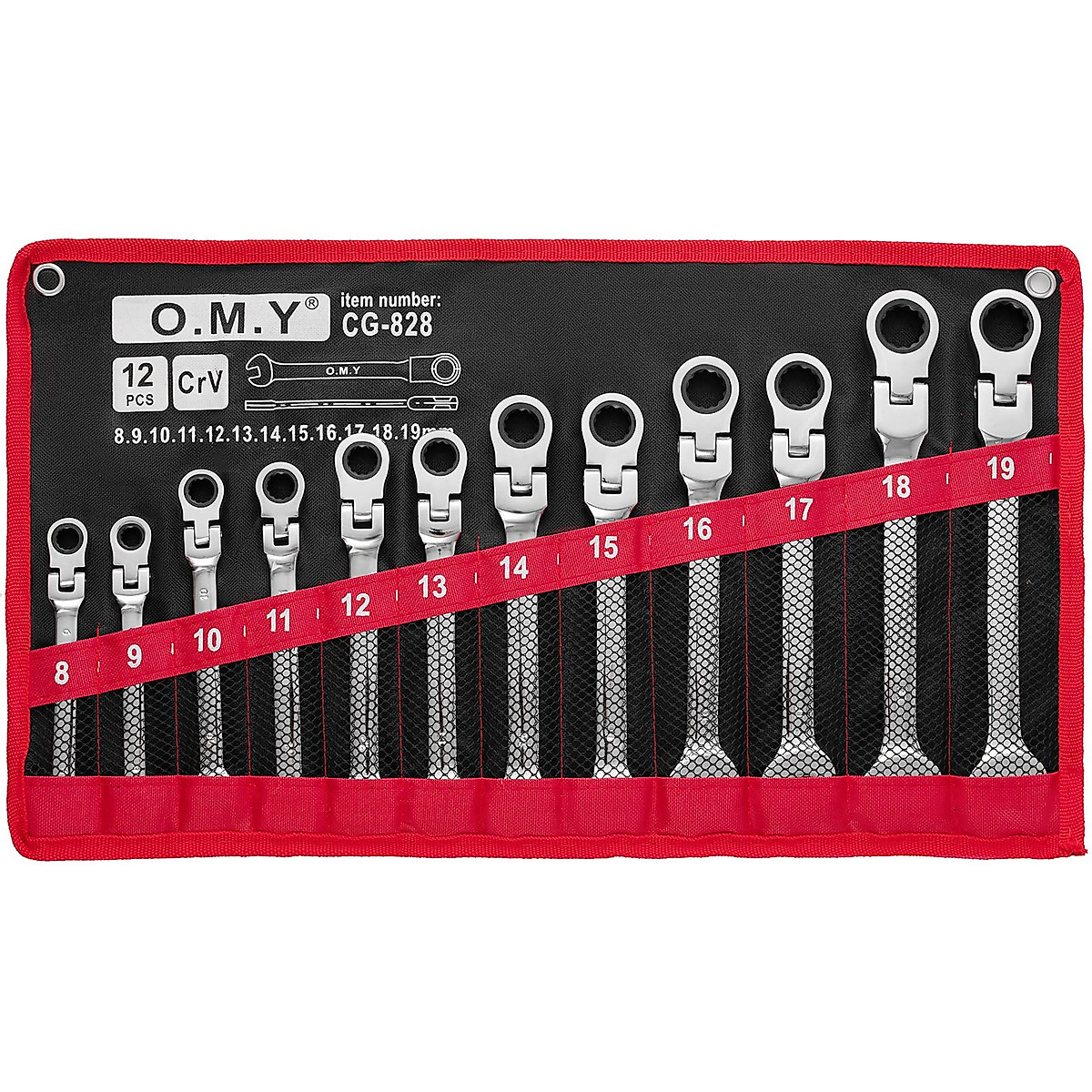 TOPDEEP Ratcheting Combination Wrench Set, 12 Piece 8-19mm Metric Flex Head Ratcheting Wrench, Chrome Vanadium Steel Ratcheting Spanner Wrench with Carrying Bag