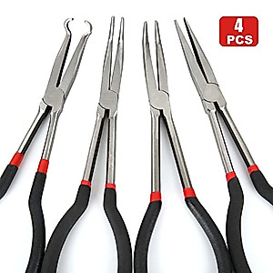DIRBUY Long Needle Nose Pliers Set, 4 in 1 Bent Needle Nose Pliers 90 Degree, 11 inch Spark Plug Wire Removal Tool, Pointy Nose Pliers, Pinch Nose Pliers, Snipe Nose Pliers, Curved Nose Pliers