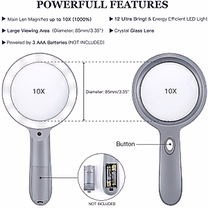 HYOIIO 10X Handheld Magnifying Glass-Lighted Reading Magnifier with 12 LED Lights Large and Real Magnifying Lens for Macular Degeneration, Seniors Reading, Soldering, Inspection, Coins