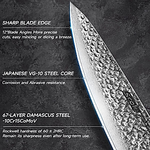 SCOLE® Chef Knife Damascus, 8 Inch Japanese Chefs Knife Razor Sharp, 67 Layers VG-10 Super Damascus Stainless Steel Kitchen Knife with Unique White Shadow Wood Handle Triple Rivet Full Tang, Gift Box