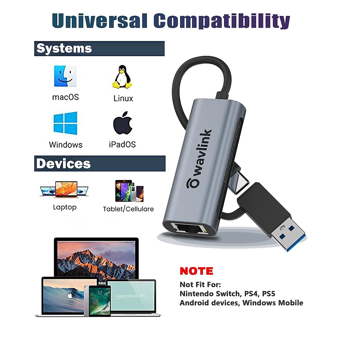 Wavlink USB C to Ethernet Adapter 2.5 Gbps, 2-in-1 USB to 2.5G Ethernet Adapter, USB-C to RJ45 Network Converter (Thunderbolt 4/3 Compatible), Aluminum Case for Windows, Mac OS, iPad OS and More.