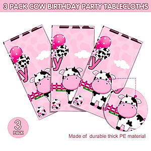 Tiamon 3 Pieces Cow Birthday Party Tablecloth Decorations Plastic Farm Animal Table Cover Pink Cow Print Table Cloths for Farmhouse Girls Happy Birthday Baby Shower Party Supplies, 108 x 54 Inches